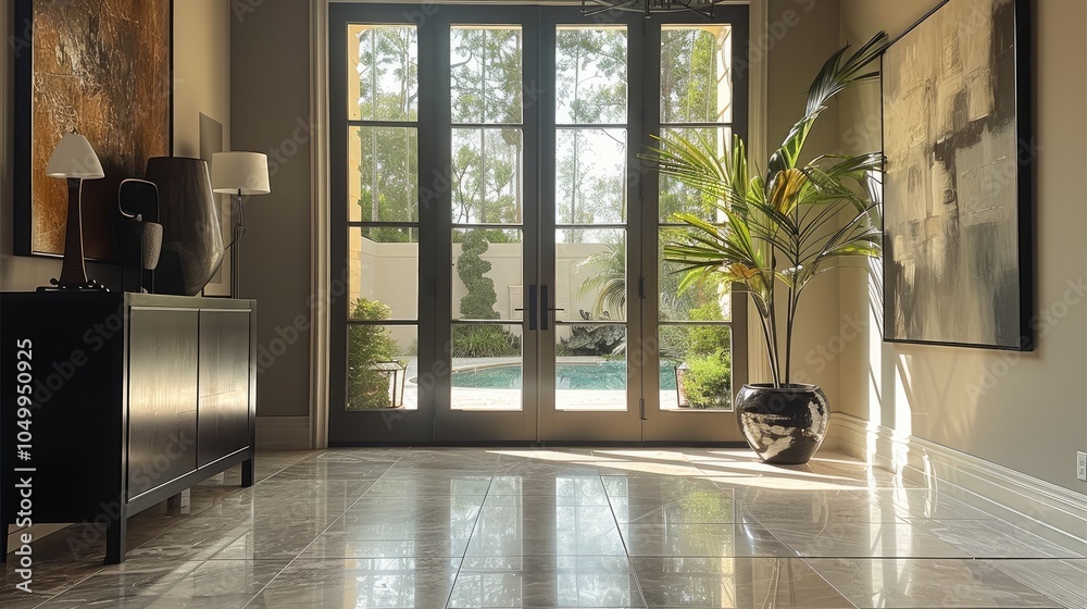 Luxury modern organic Entryway. Tile floors. Black lined windows. Cream ...