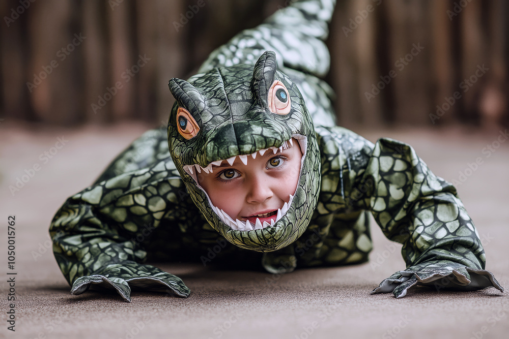Teen boy acting like a crocodile, with a scaly crocodile mask, long ...