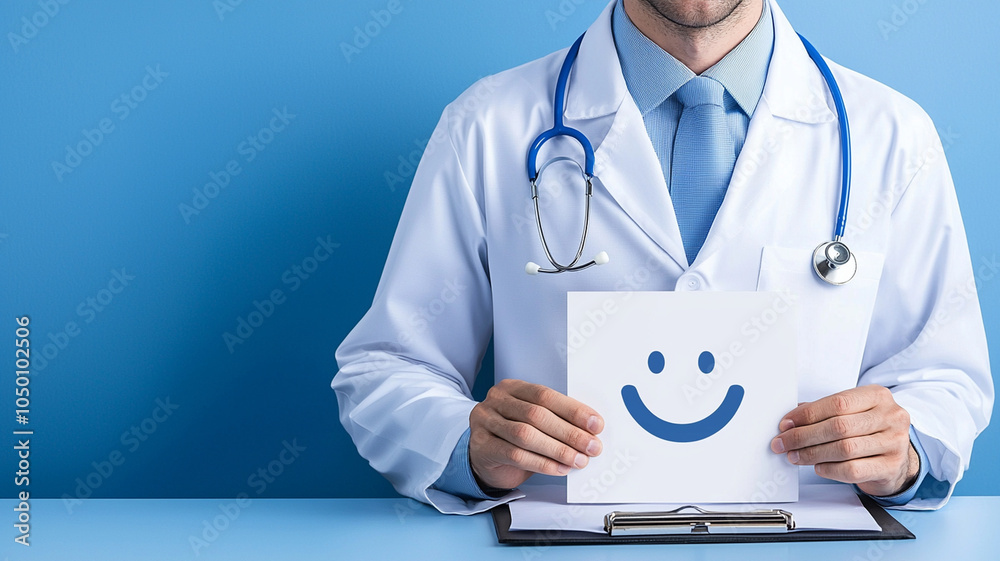 healthcare professional in white coat holds smiley face sign ...