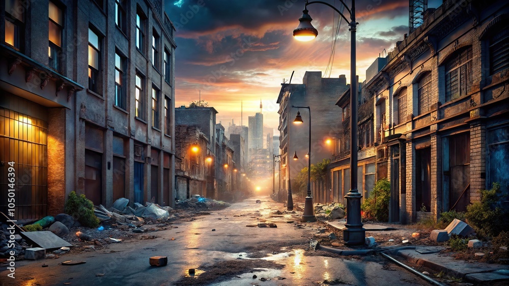 Abandoned city street at dusk with broken lights and debris scattered ...