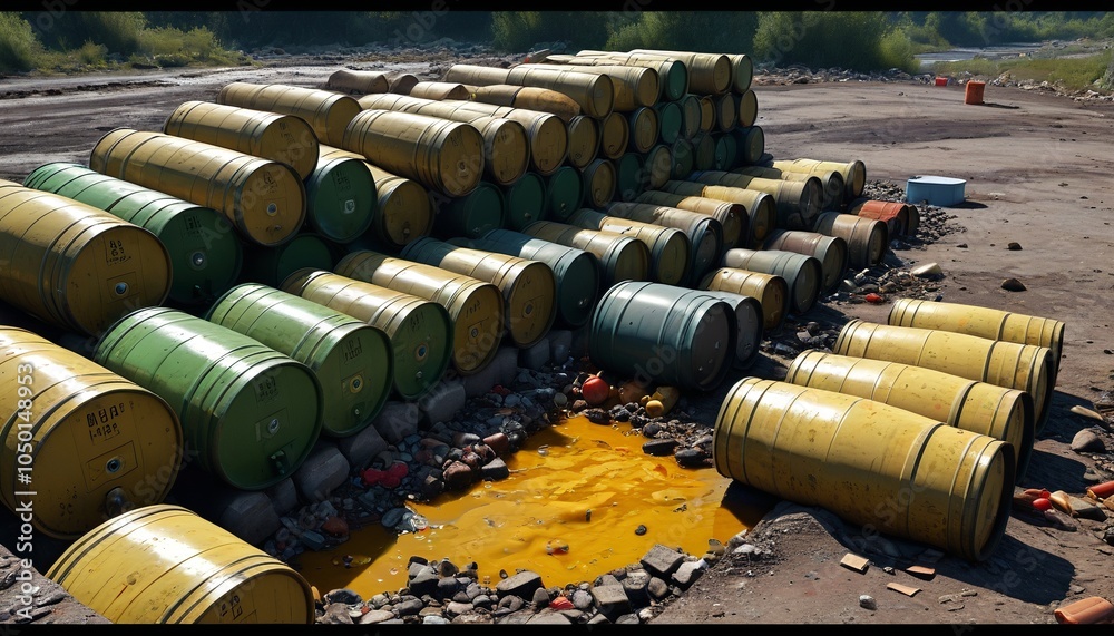 A disturbing view of barrels leaking hazardous substances in a ...