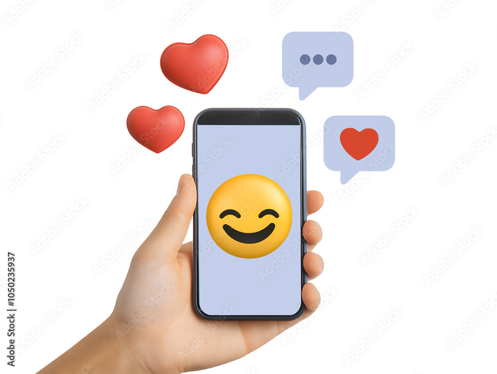 Hand holding phone with smiley emoji isolated on transparent or white ...