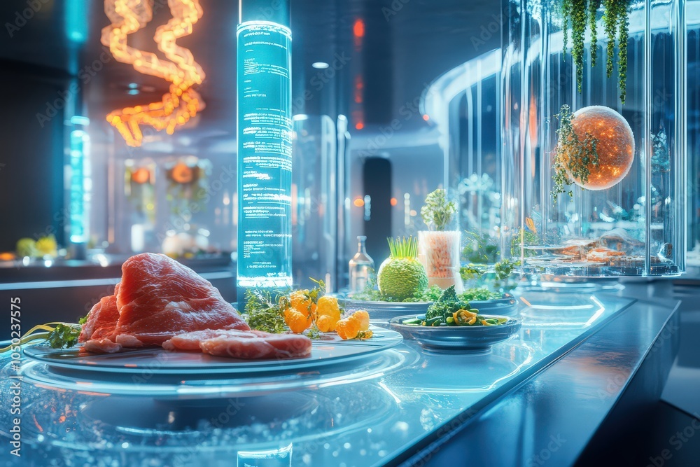 Conceptual image showcasing an array of 3D printed foods like meat ...