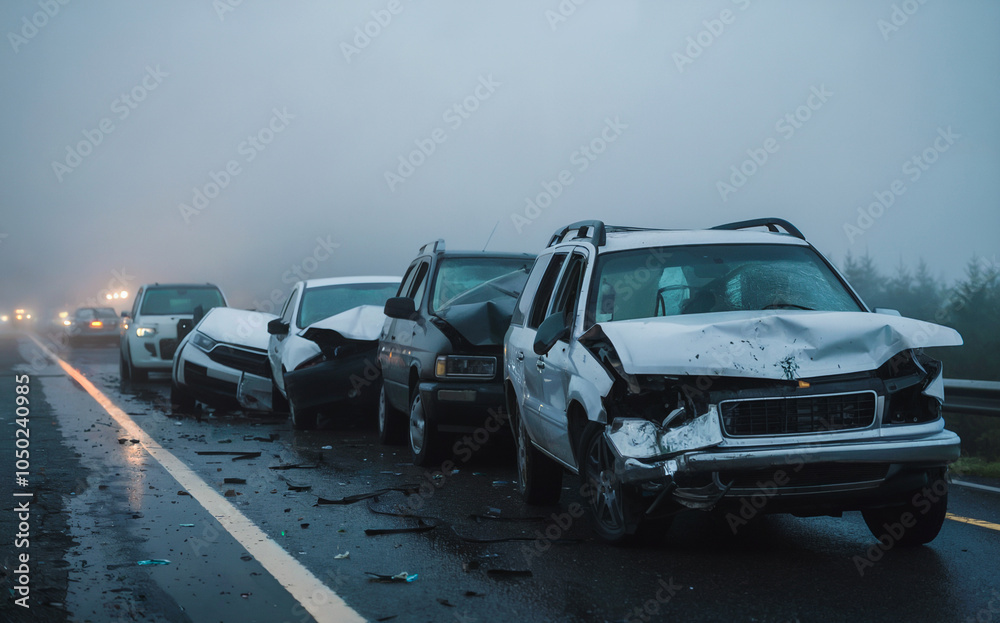 A multi-car collision on a misty highway, featuring broken glass and ...