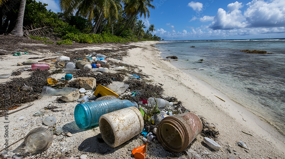 image depicts polluted beach littered with plastic waste, highlighting ...