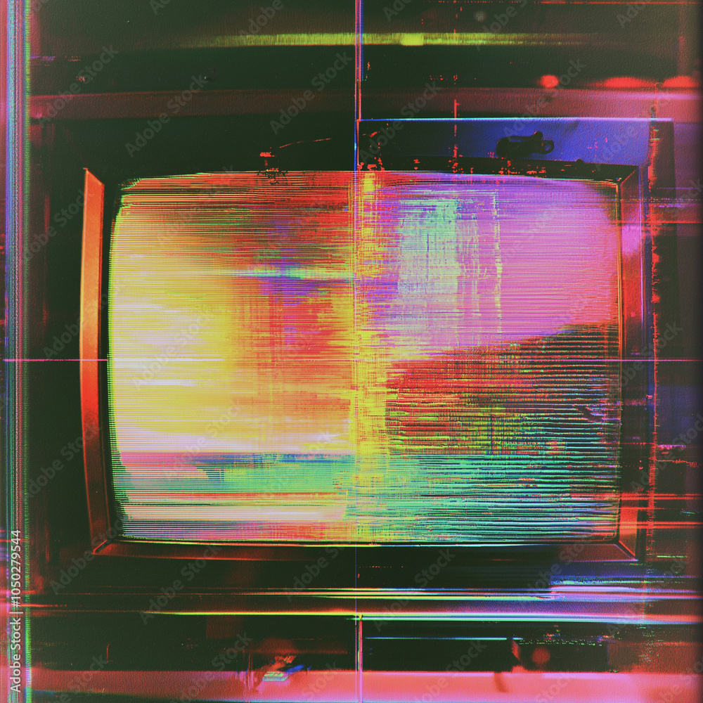 Chaotic old-school 90s TV glitch scene with scrambled signal lines ...