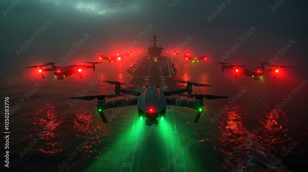 Swarm of drones takes off from aircraft carrier. Quadcopters circle ...