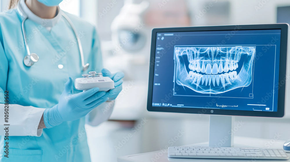 A dental hygienist holding a digital scanner, capturing detailed images ...