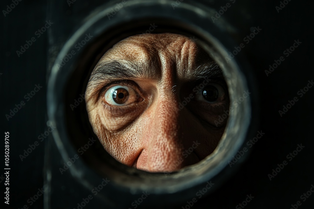 Man's intense expression as he peers through a circular hole in a dark ...