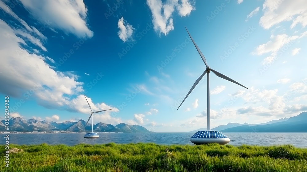 Visionary design of a green tech hub with floating wind turbines and ...