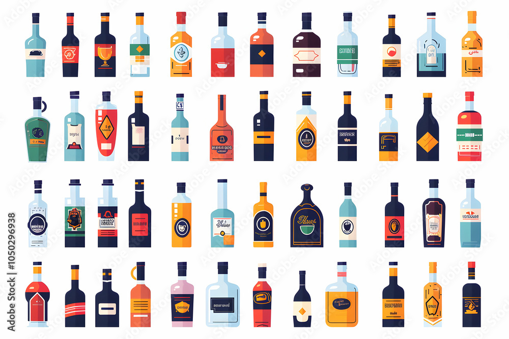 Collection of 48 colorful flat style alcohol bottles with various ...