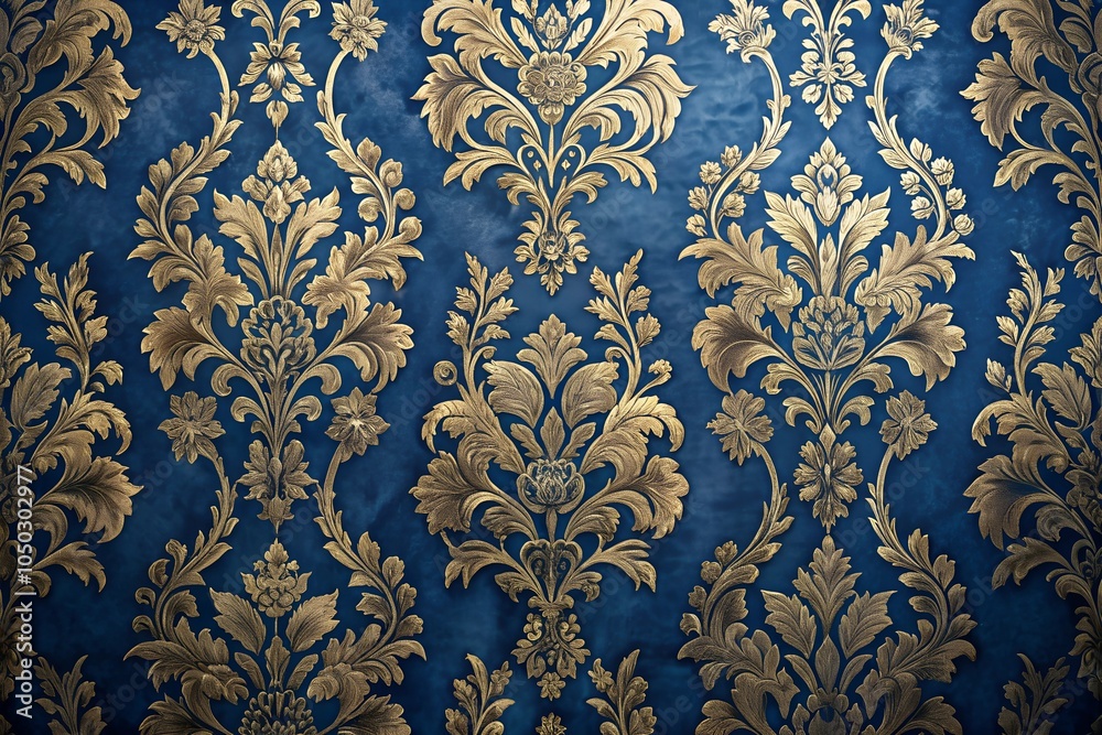 Luxurious blue and gold damask wallpaper background with intricate ...