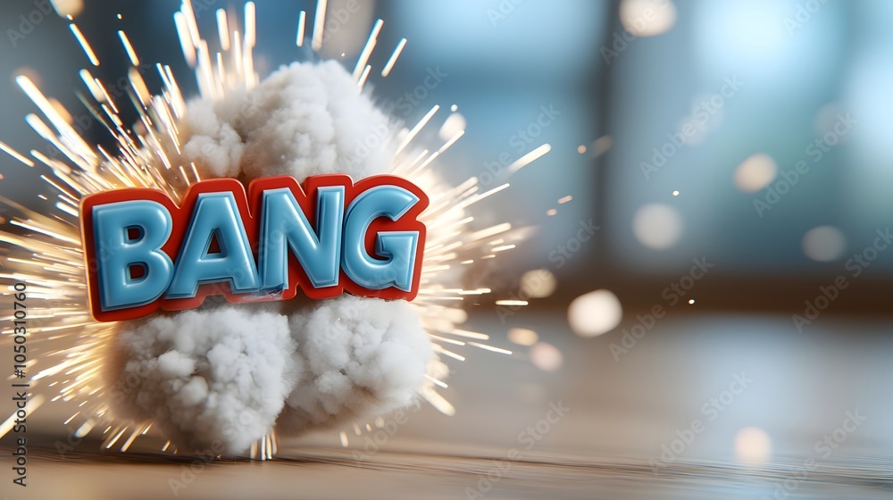 Explosive comic scene with bold 3D bang text close up view of vibrant ...