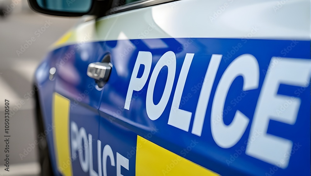 Series of photos : The word "police" on the door of a police car. Stock ...