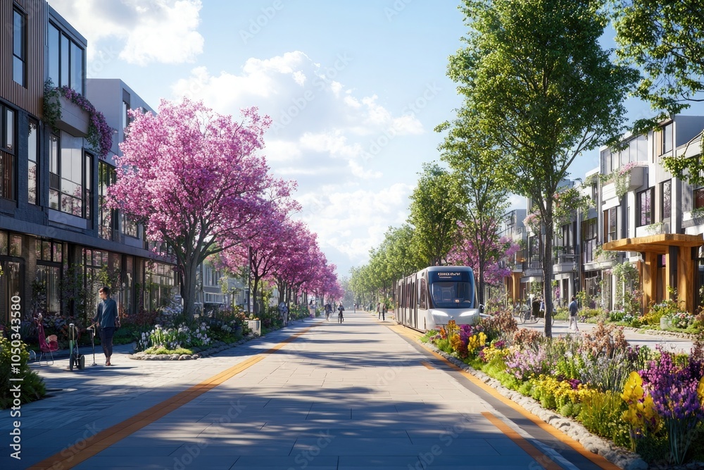 A sustainable urban neighborhood with car-free zones, electric public ...