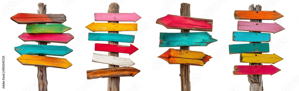 Set of colorful beach signs, wooden arrow signs pointing in various ...