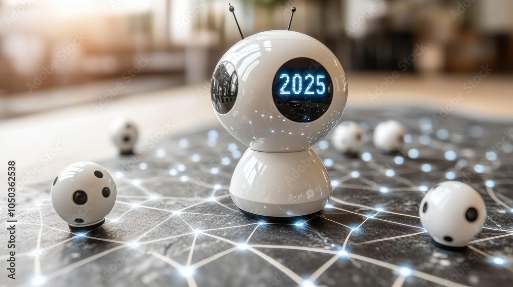 Small, adorable robot displaying "2025" on its screen sits on a digital ...
