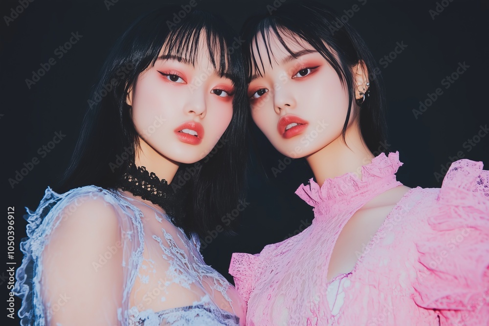 Asian young women with modern haircuts and fringes wearing pastel ...