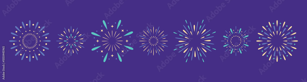 Exploding festival fireworks set Isolated on purple background. Flat ...