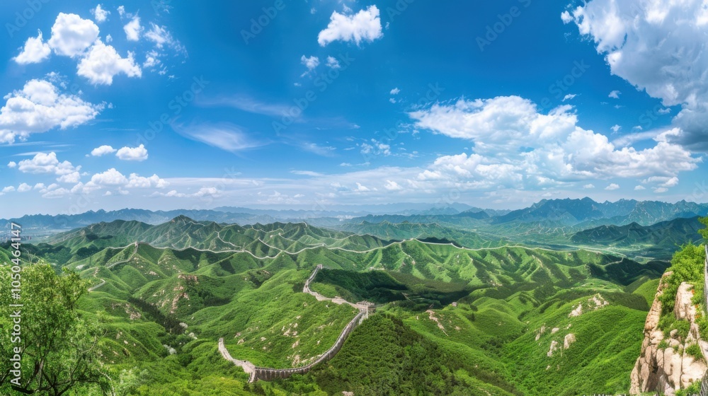 A picturesque view of the Great Wall of China winding through lush ...