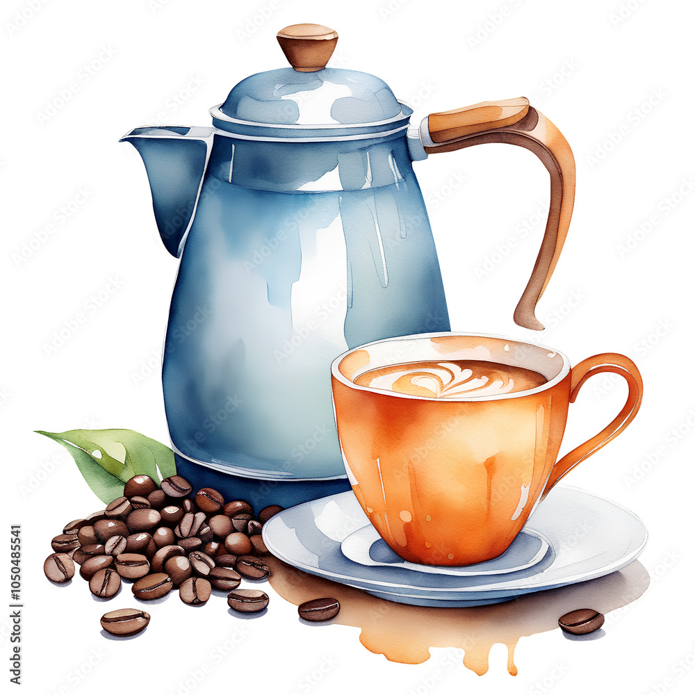 Watercolor coffee pot and cup. Png isolated clipart on transparent ...