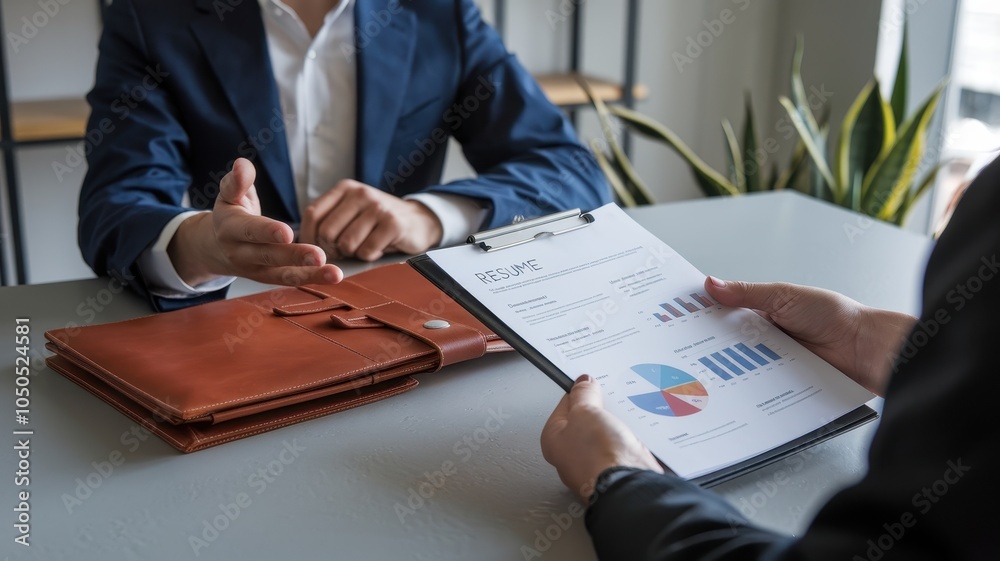 Job candidate presenting a portfolio to an interviewer, dressed in a ...
