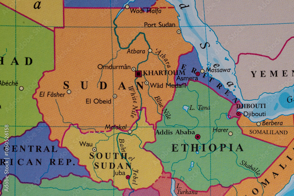 Political map of Eastern Africa focused on Sudan, South Sudan, Ethiopia ...