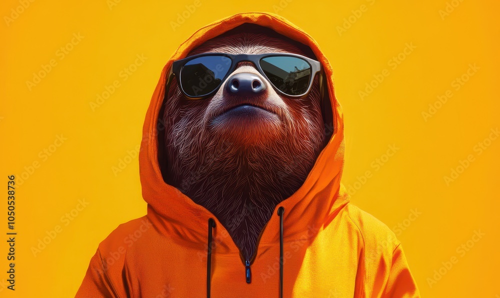 Generative AI illustration of cool sloth in an orange hoodie and trendy ...