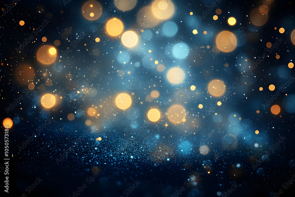 fond lumineux abstrait avec des bokeh dorés et bleus dans l'obscurité ...