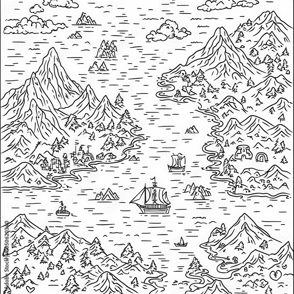 A treasure island filled with gold and maps, coloring page for kids ...