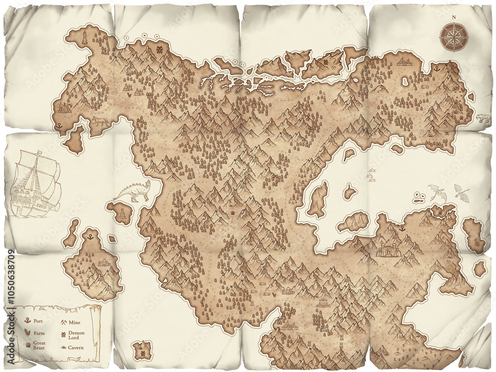 Parchment style old map of an unknown continent with landmarks and ...