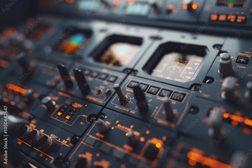 This close-up view captures a detailed cockpit control panel of an ...