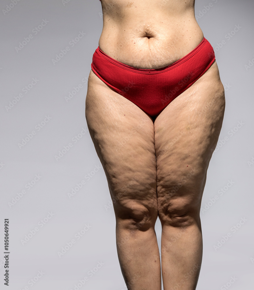 Overweight woman with fat cellulite legs and buttocks, obesity female body, Gray background ...