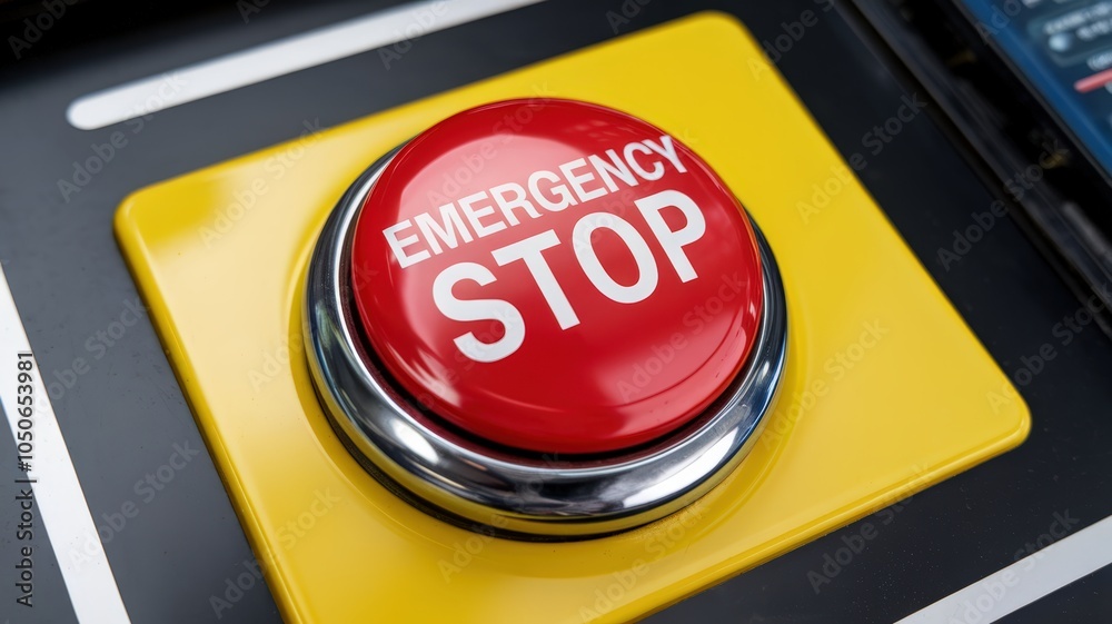 Large red emergency stop button on a device with a yellow background ...