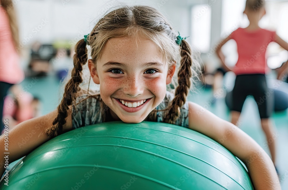 Cute little girl sitting on a green fitness ball in the children's gym ...