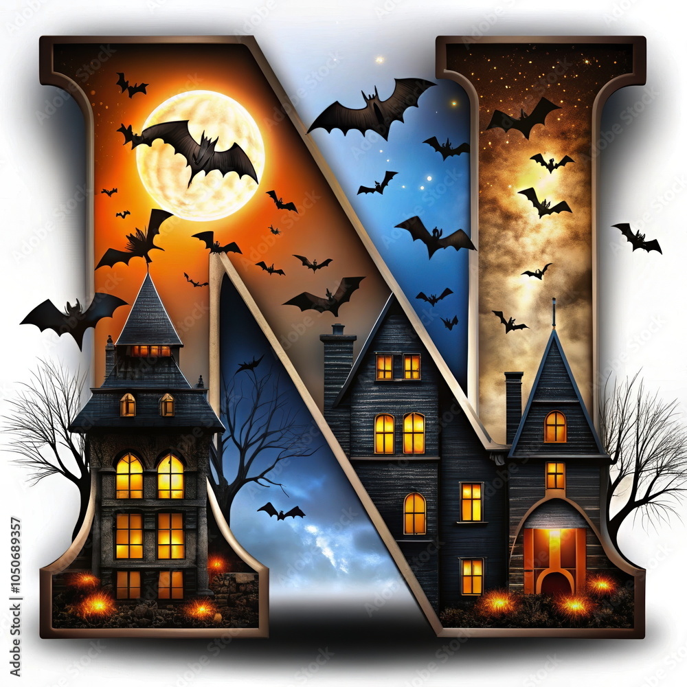 Halloween letter N with spooky houses and bats at night Stock ...