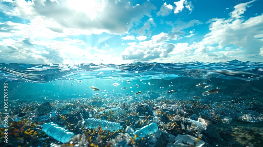 Trash underwater in the ocean. Photography of sea water contaminated ...