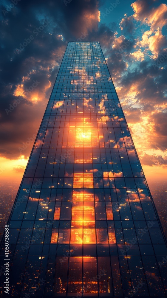 Modern office tower from below, sleek design, reflective windows ...