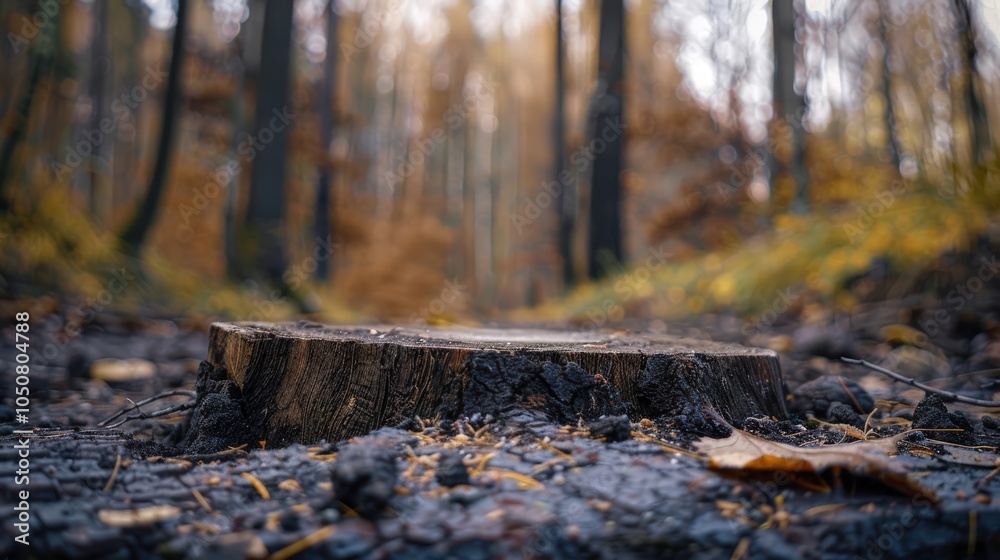Deforestation scene depicting tree stumps and logs in a forest ...
