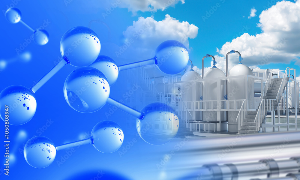 Hydrogen energy. Molecules of H2 gas near factory. Exterior of hydrogen ...