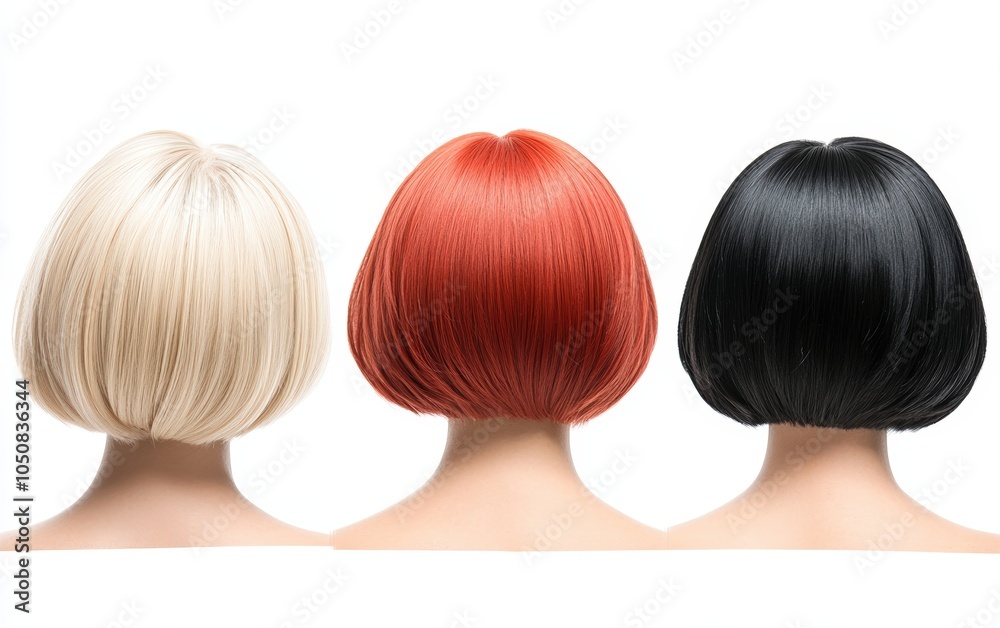 close-up collection of blonde, red, and black short bob wigs in back ...