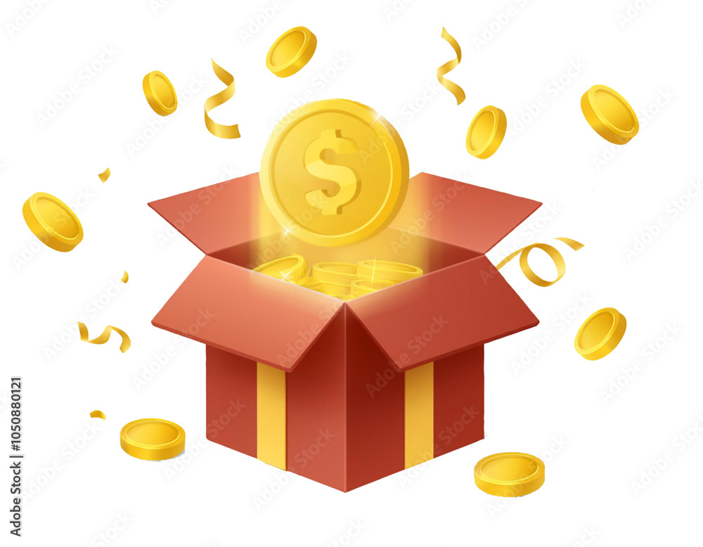 3D Open gift box with floating gold coin and serpentine ribbon. Cash ...