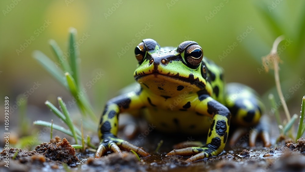 Northern leopard frog on wet grass with vibrant spots and dewy texture ...