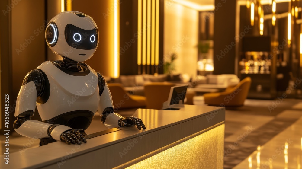 Humanoid robot at a concierge desk in a modern hotel lobby with sleek ...