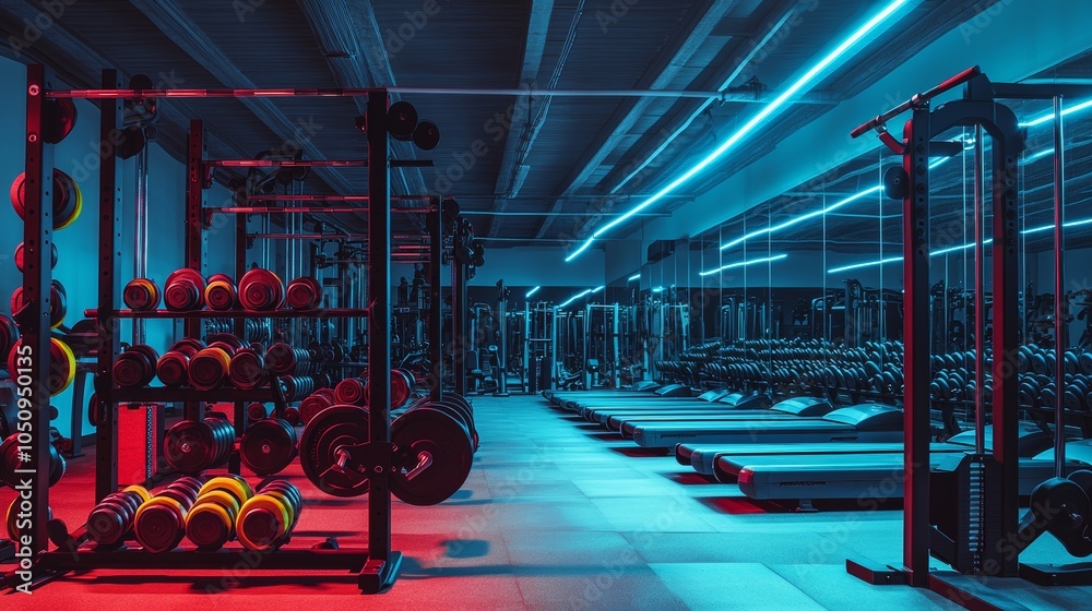 Wide angle photography of an empty modern gym interior full of weights ...