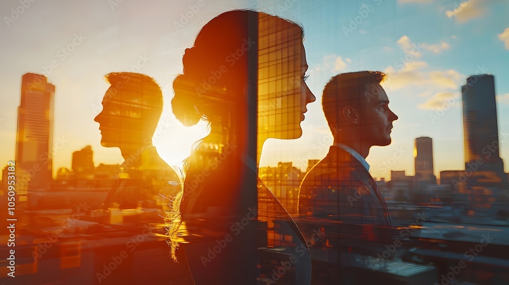 Backlit business team collaborating in a modern office with sunlight ...