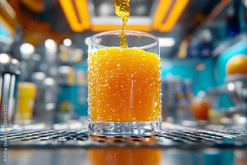 A digital 3D scene of a person squeezing orange juice into a glass in a ...