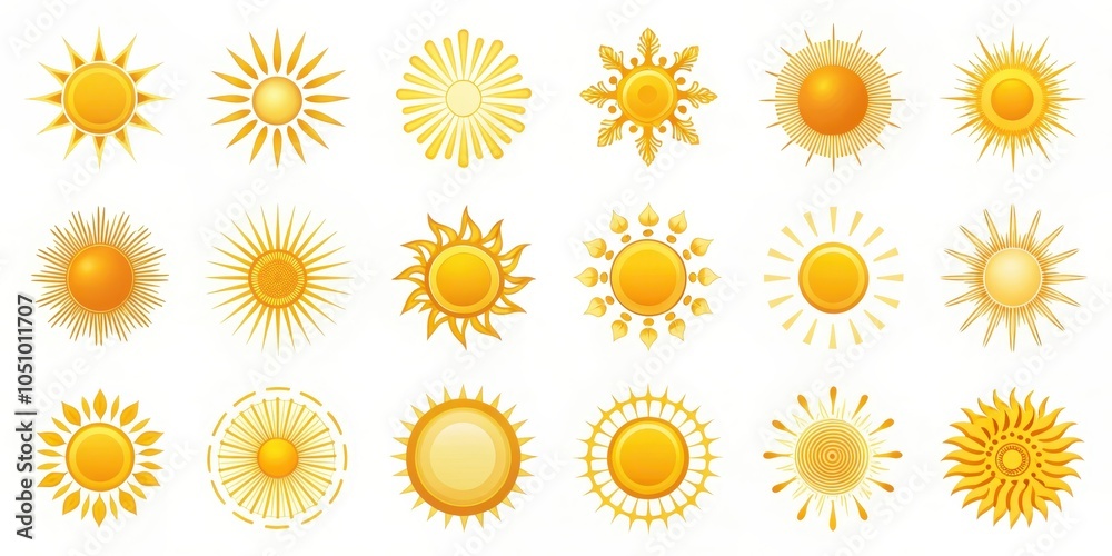 A collection of 18 unique and stylized sun icons with various designs ...