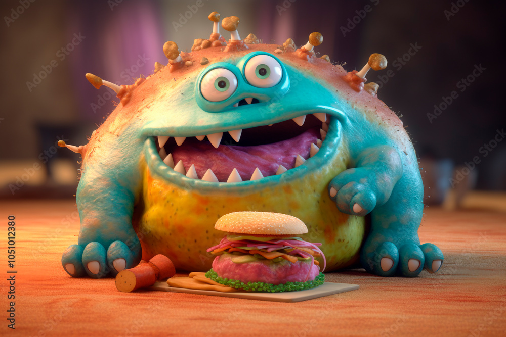 strange creature with a hamburger looks in surprise. Glutton monster as ...