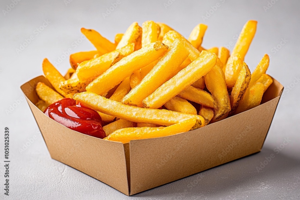 a 2D cartoon illustration of a box of french fries with ketchup fun and ...
